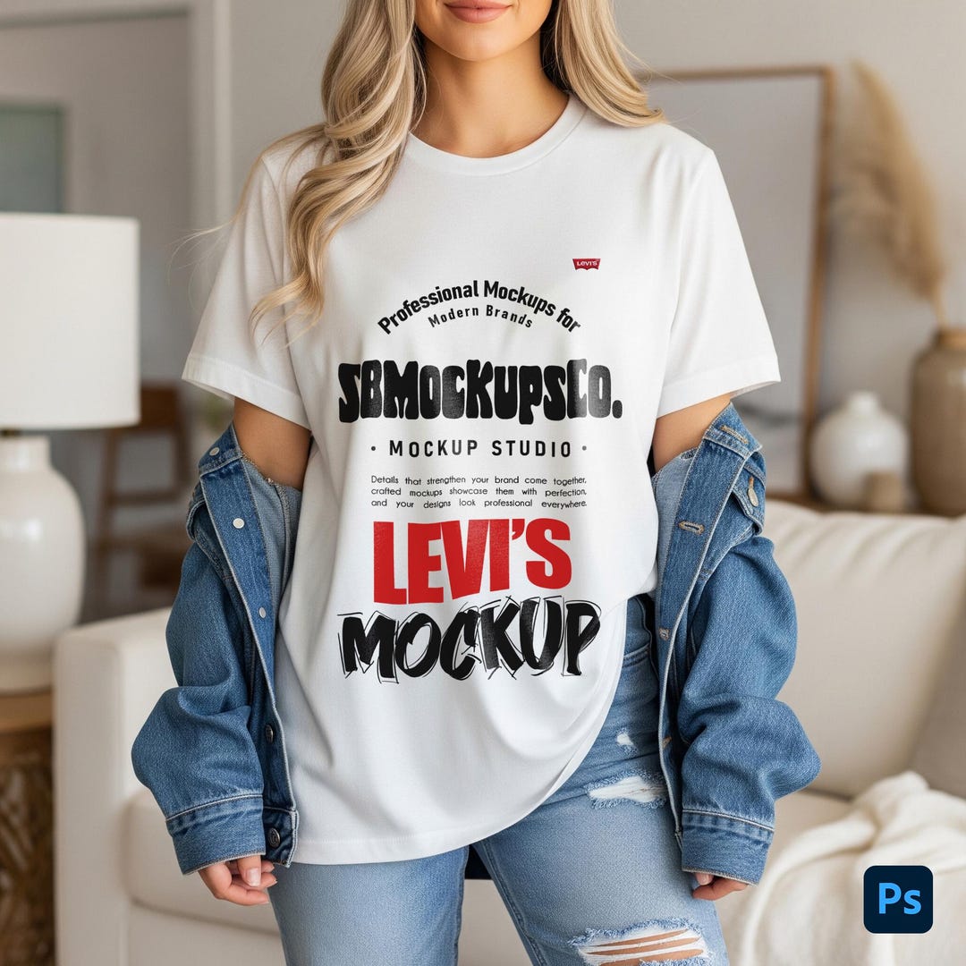 Levi's White T-shirt Mockup: Front View, Cozy Scene (PSD, JPG Download ...