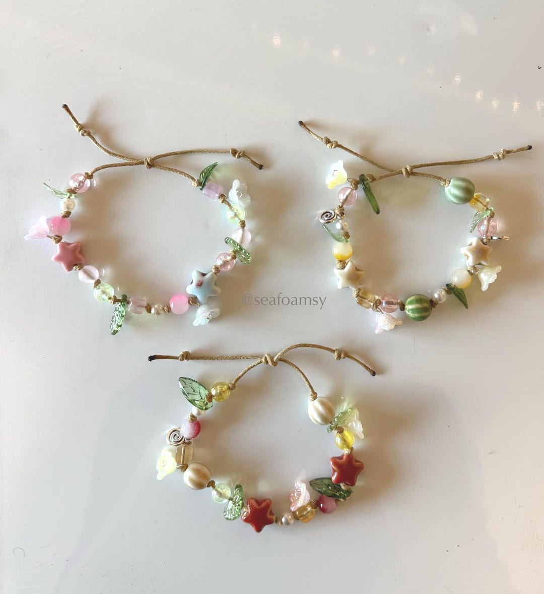 Handmade Beaded Bracelet, Ceramic Flower & Star Charms - Etsy