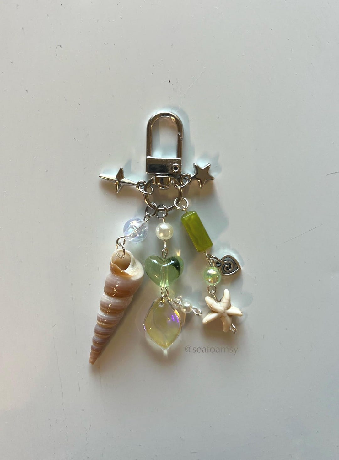 Handmade Beaded Keychain: Spire Mollusc Shell Charm, Green Beach ...