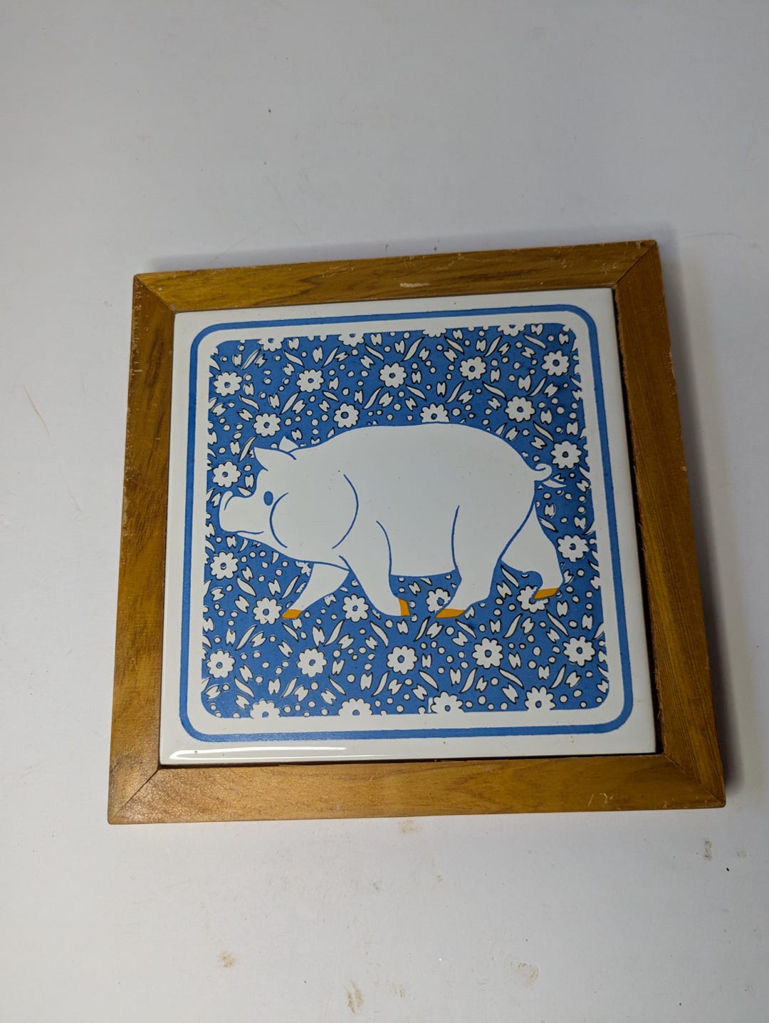 VTG Farm Animal Ceramic Tile Trivet Pig Country Calico 1970s Coaster ...
