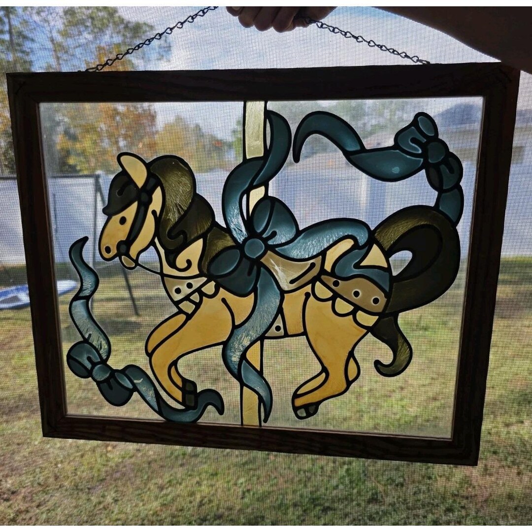 VTG Painted Glass Carousel Horses Window Panel Wood Frame 22"x18 ...