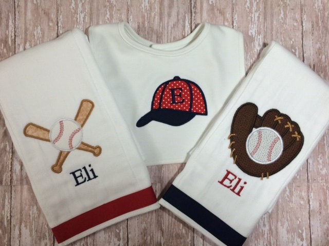 Baseball Bat, Glove and Cap Monogrammed Baby Boy Gift Set - 2 Burp ...