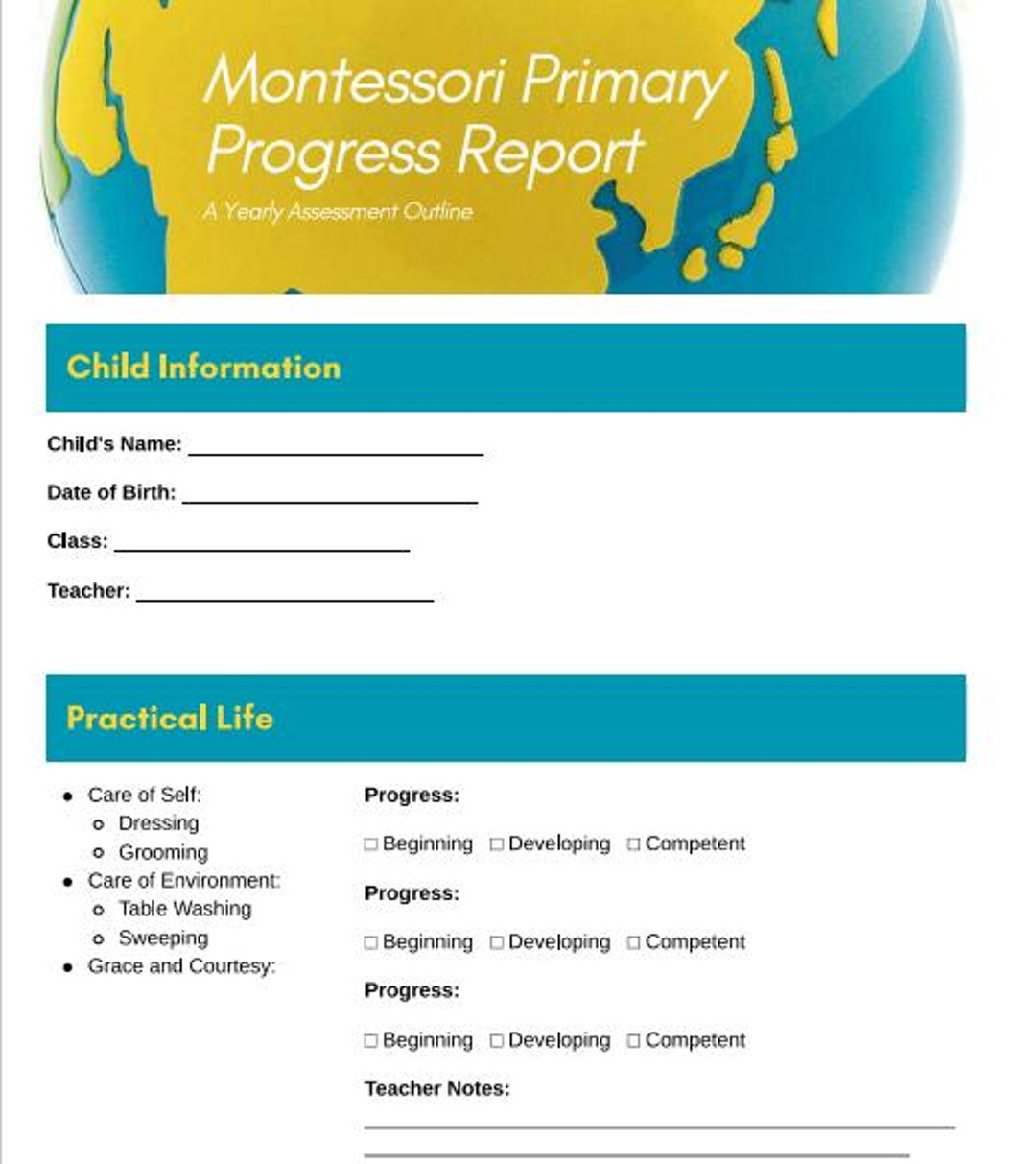 Montessori Children's House Progress Report - Etsy