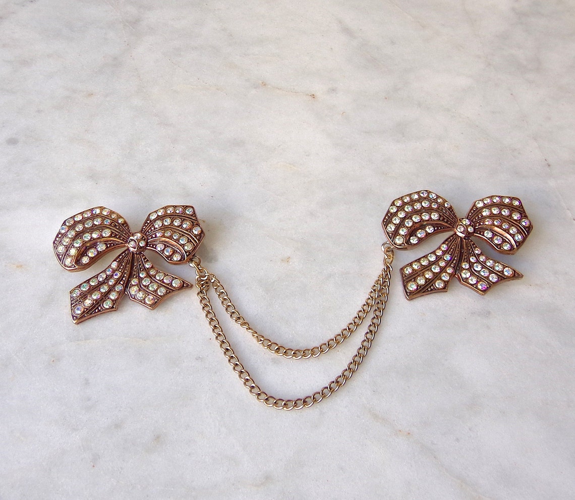 Rhinestone Bow Sweater Pins With Chain Mid Century - Etsy