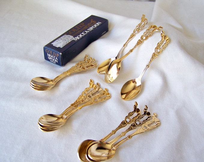 Vintage Mocca Spoon Set Gold Plated NIB Camel Handle 12 Gold Spoons ...