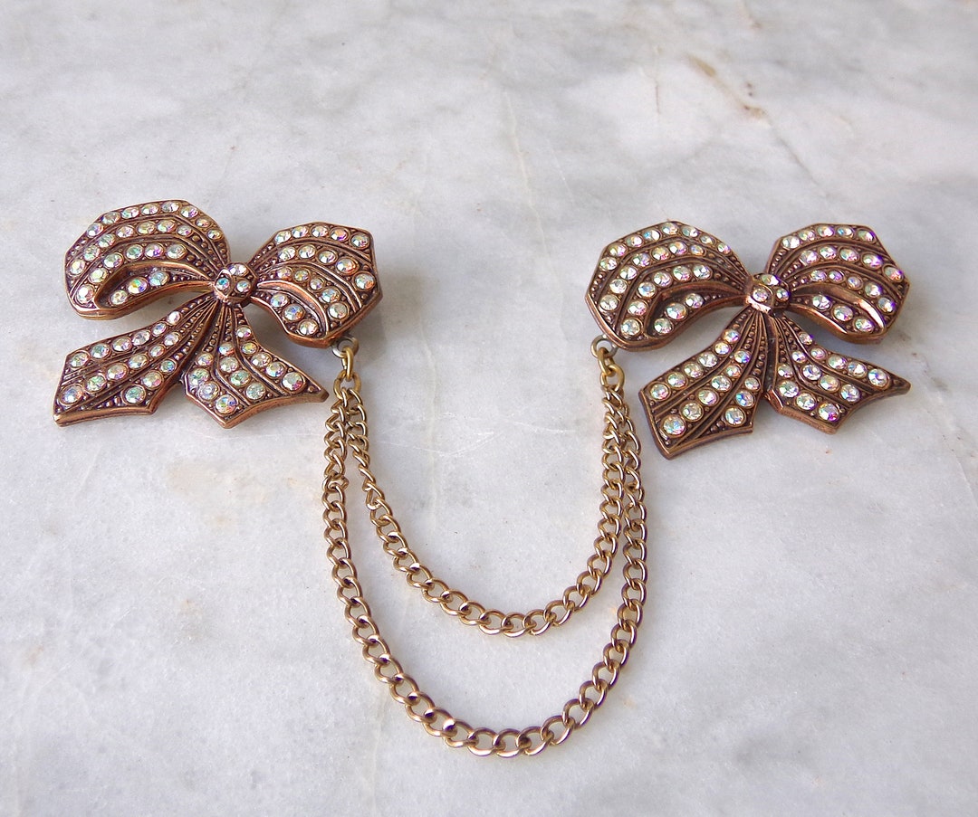 Rhinestone Bow Sweater Pins With Chain Mid Century - Etsy