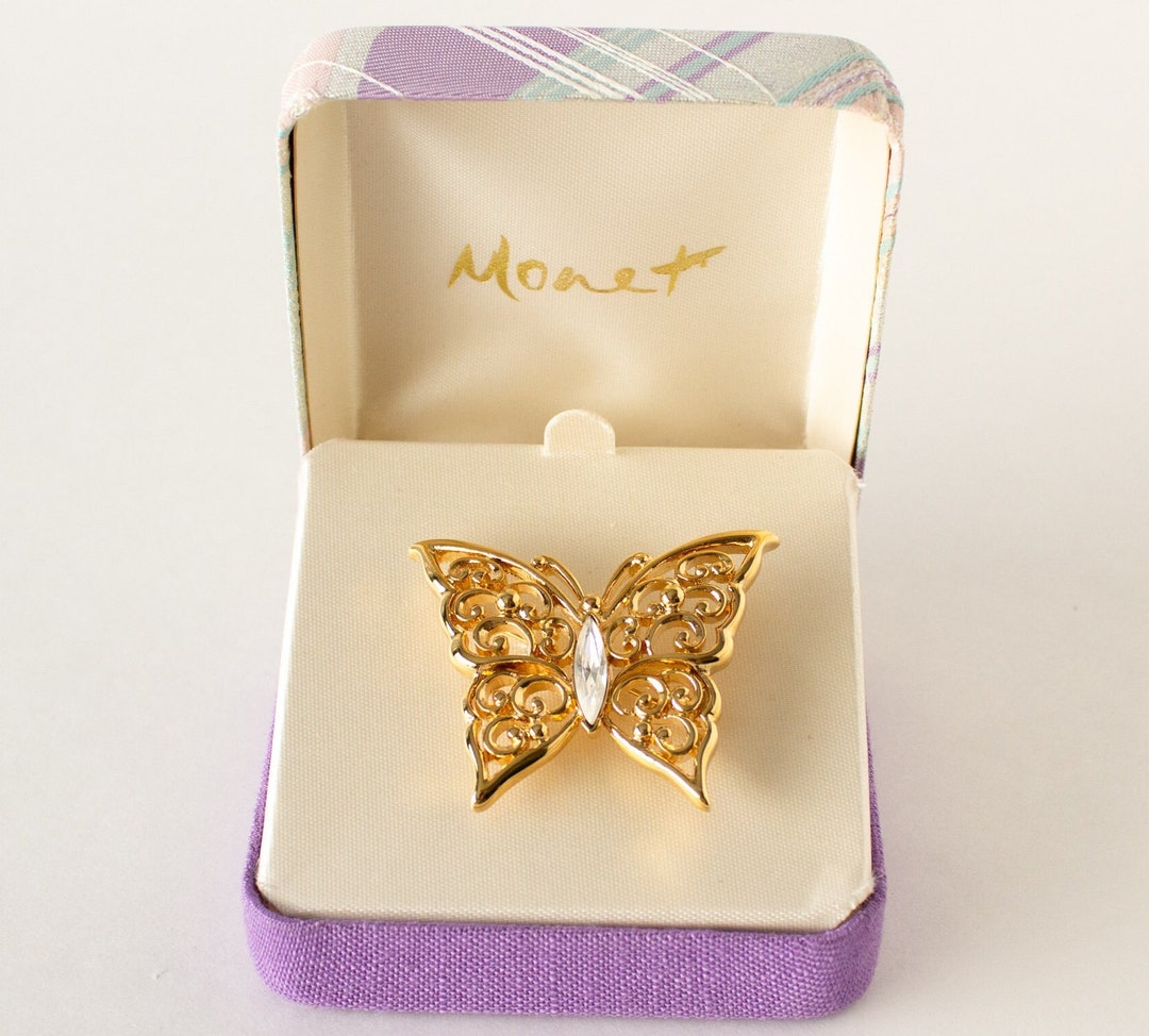 Monet Butterfly Brooch Gold Tone Purple Box - Etsy