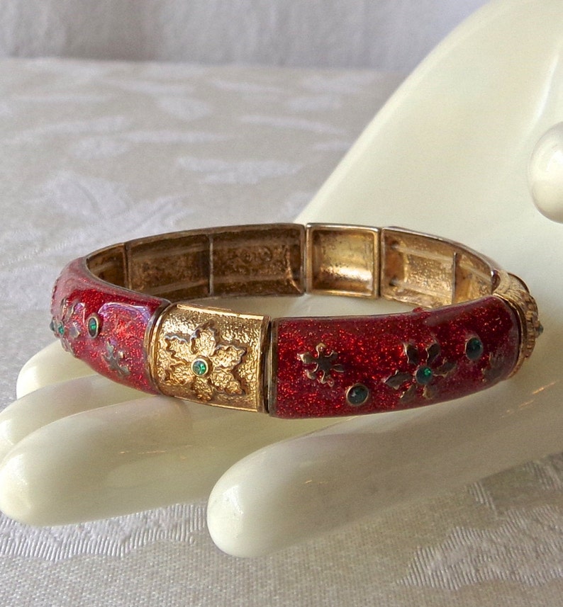Bangle Bracelet Red Enamel Gold Tone Links - Etsy