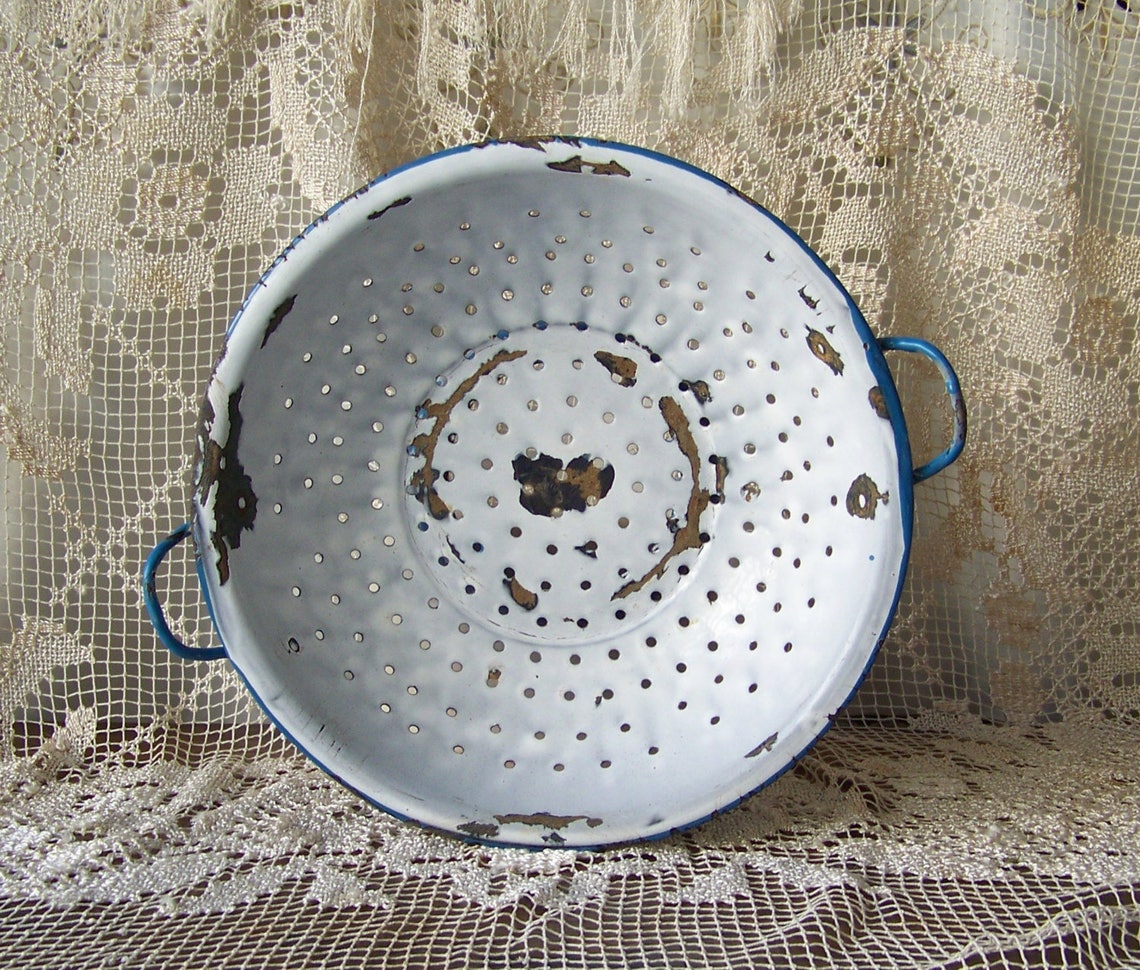 Vintage Enamelware Colander Blue Swirl Strainer Speckle Ware | Etsy