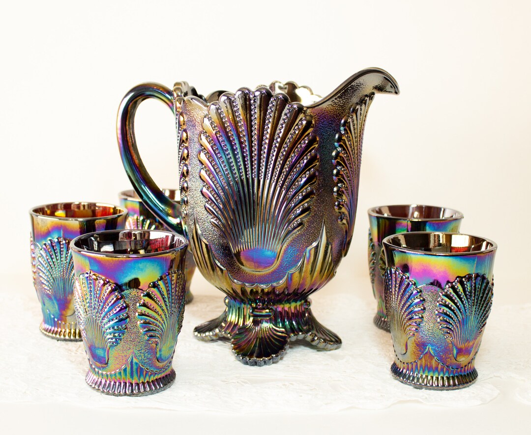 Carnival Glass Pitcher and Tumbler Juice Set Beaded Shell Mosser ...