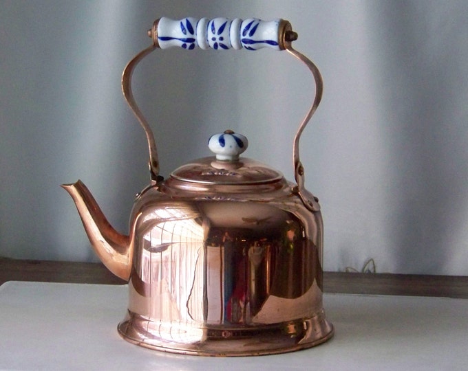 Vintage Copper Teapot Ornate Delf Handles and Cap Tops Teakettle Blue ...