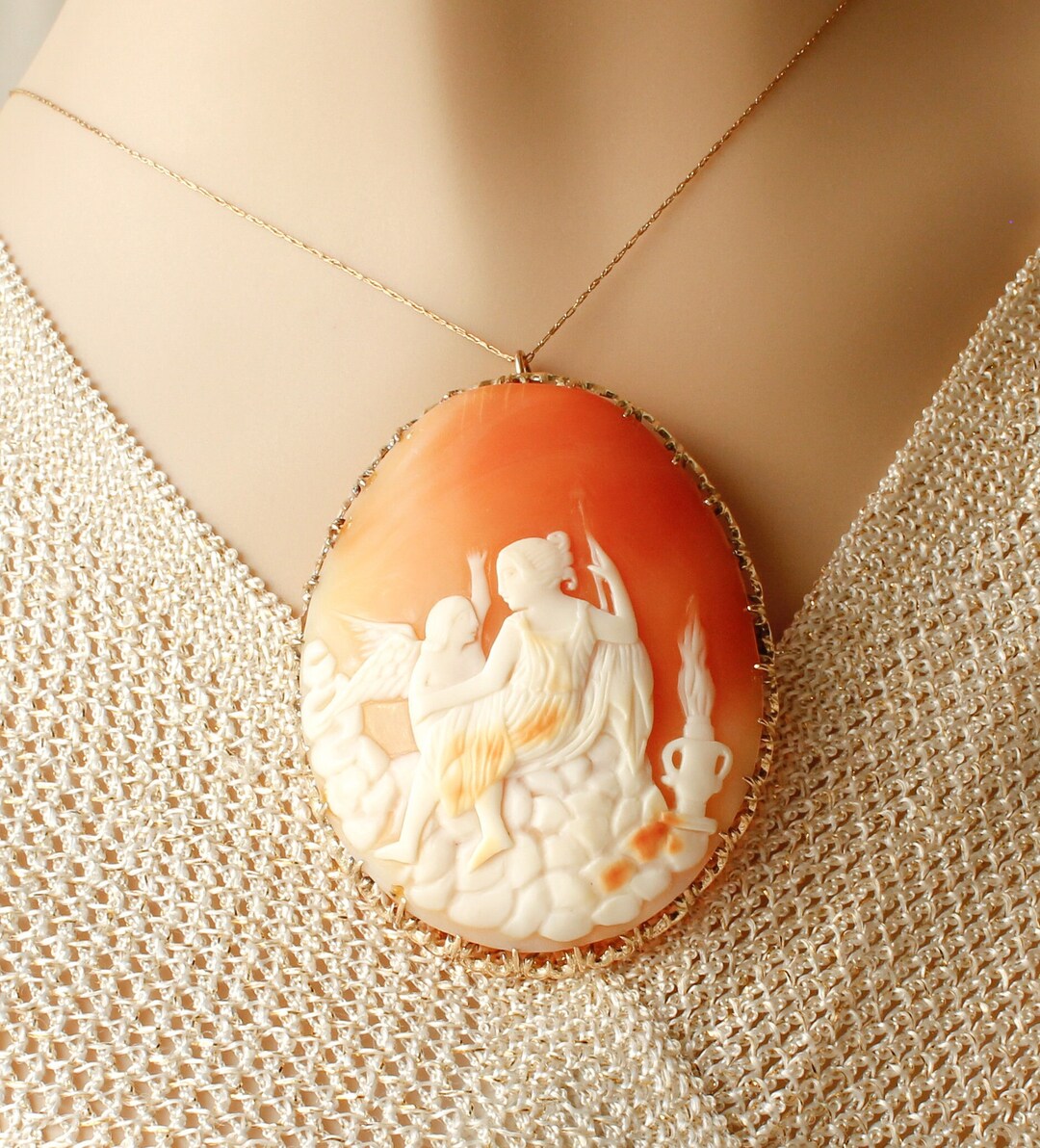 Vintage Cameo Brooch Pendant Necklace Angels 10K Gold - Etsy