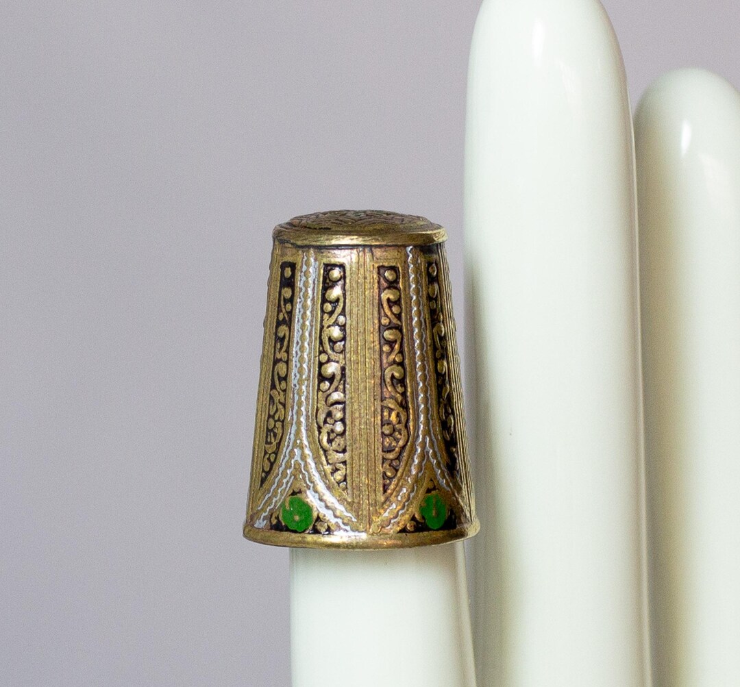 Vintage Brass Thimble With Green Enamel Accent - Etsy