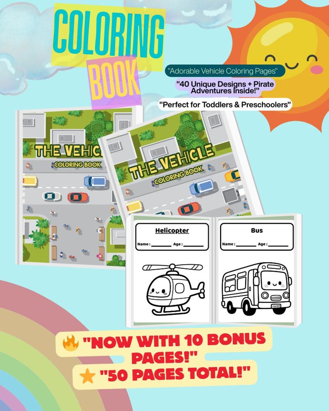 50 Cute Vehicle Coloring Pages for Kids + Pirate Bonus | Printable ...