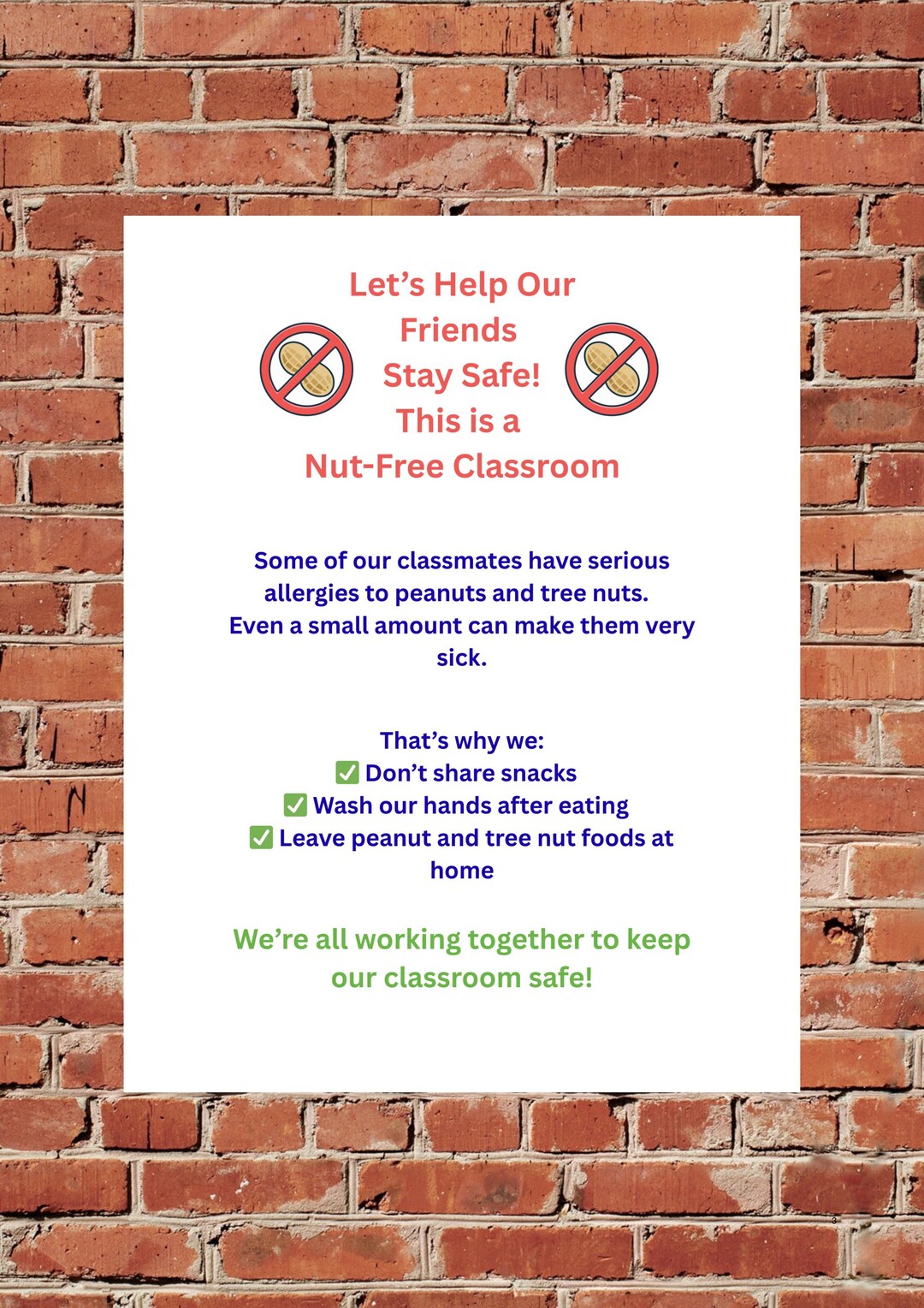 Nut-free Classroom Poster for Kids, Peanut Allergy Awareness Sign ...
