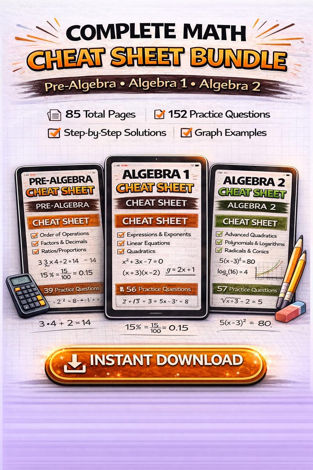 Math Cheat Sheet Bundle: Pre-algebra, Algebra 1, Algebra 2 Study Guide ...