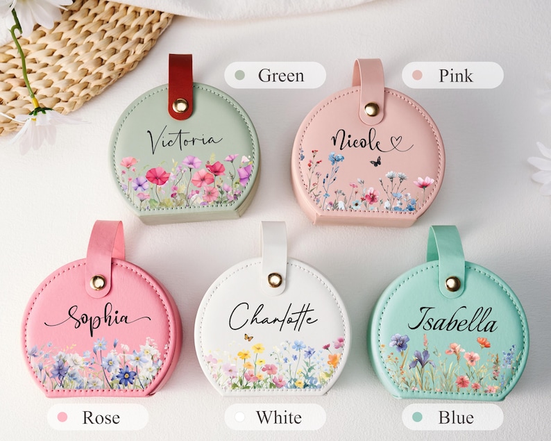 Personalized Name Jewelry Case With Blooming Flower Detail, Leather ...