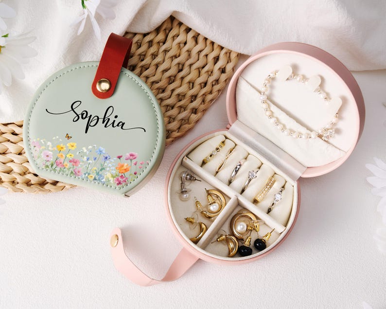 Personalized Name Jewelry Case With Blooming Flower Detail, Leather ...