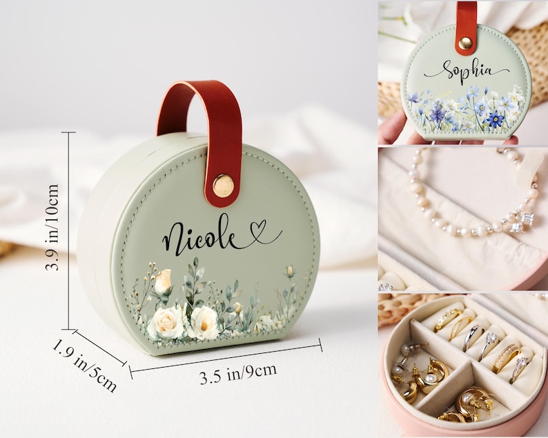 Personalized Name Jewelry Case With Blooming Flower Detail, Leather ...