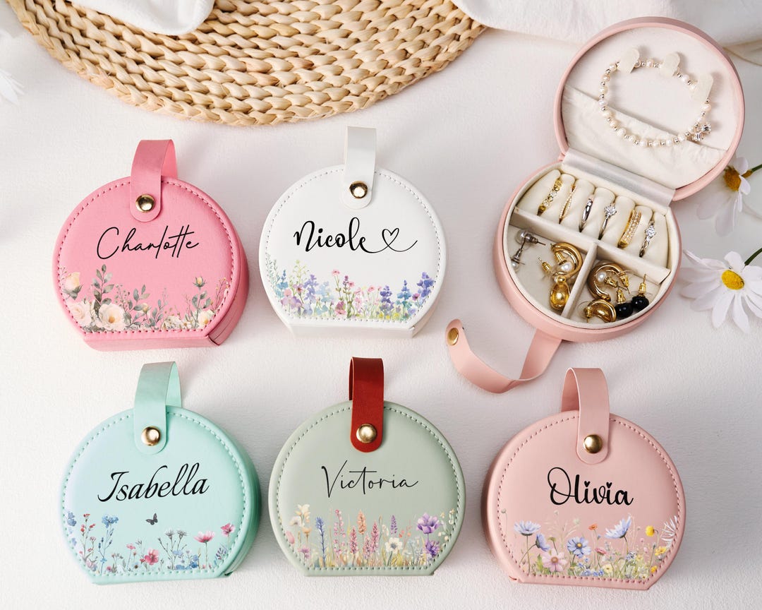 Personalized Name Jewelry Case With Blooming Flower Detail, Leather ...