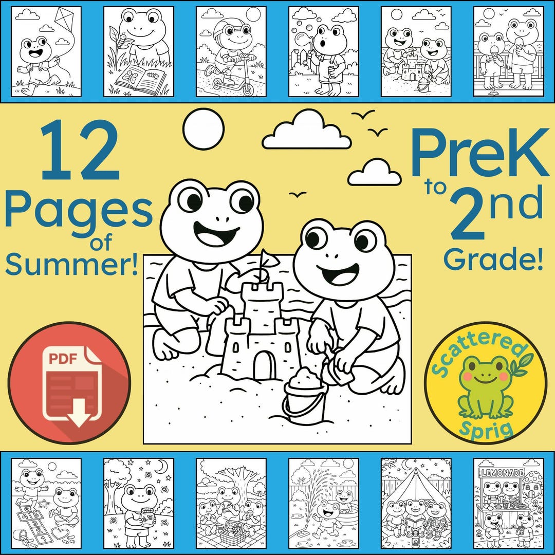 Frog Coloring Pages • Summer Break Vacation Printable Coloring Book for ...