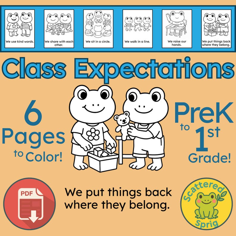 Frog Classroom Coloring Pages • Daycare Rules Printable PDF • Preschool ...