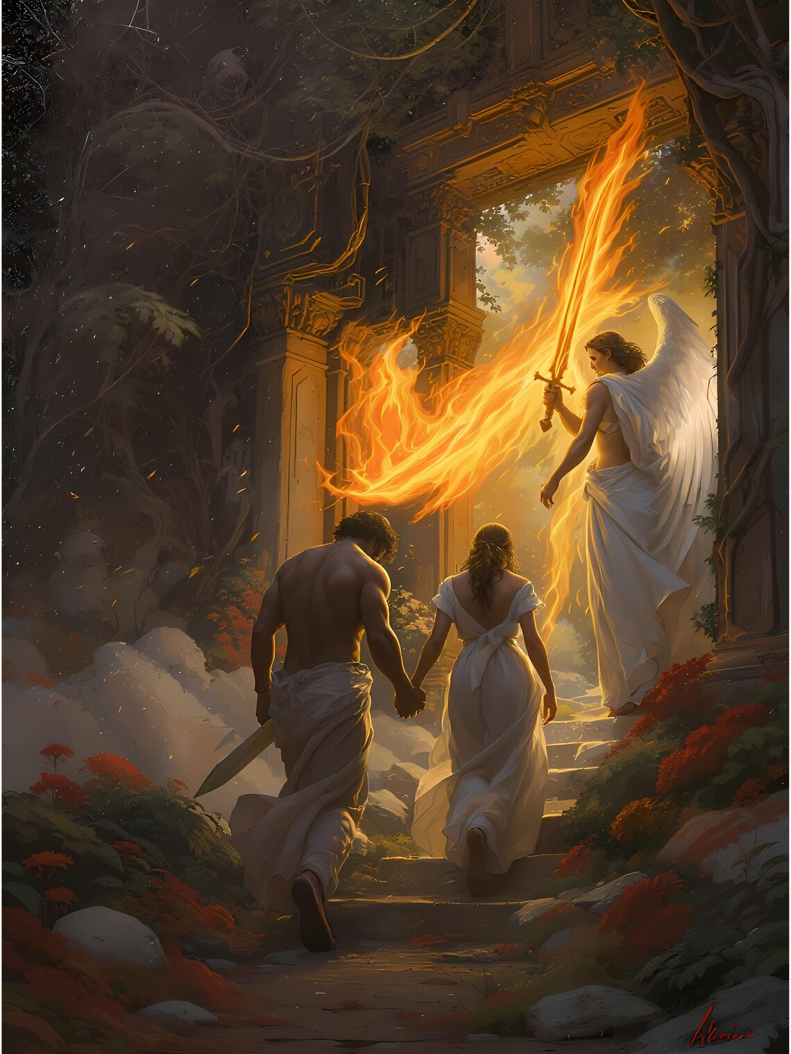 Adam and Eve Banishment Art: Biblical Angel With Sword (12x16 Digital ...