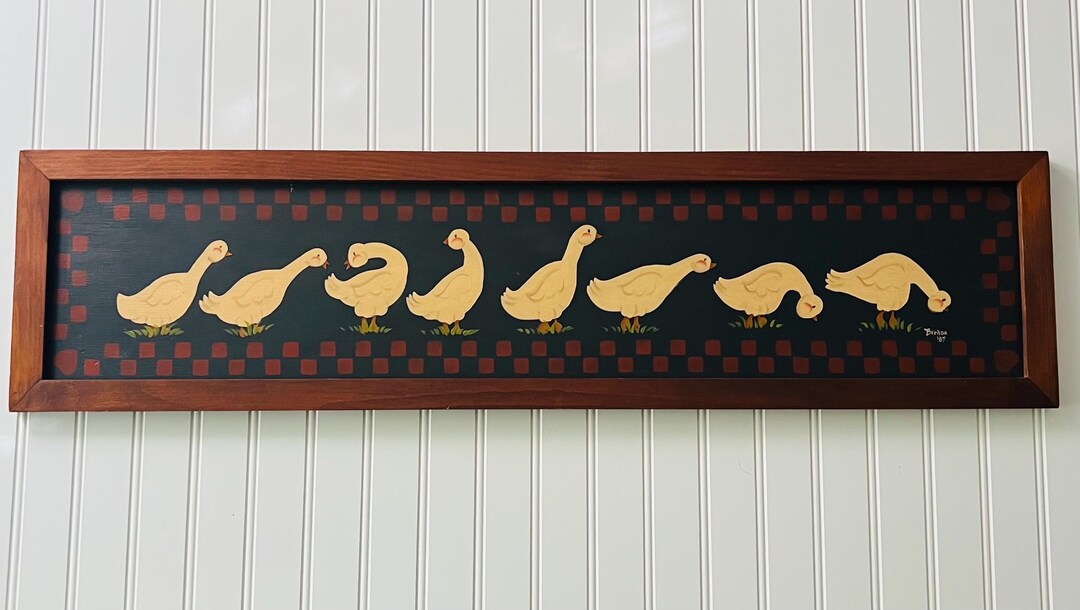 Vintage Hand Painted Country Geese/goose With Maroon Checkered Border ...