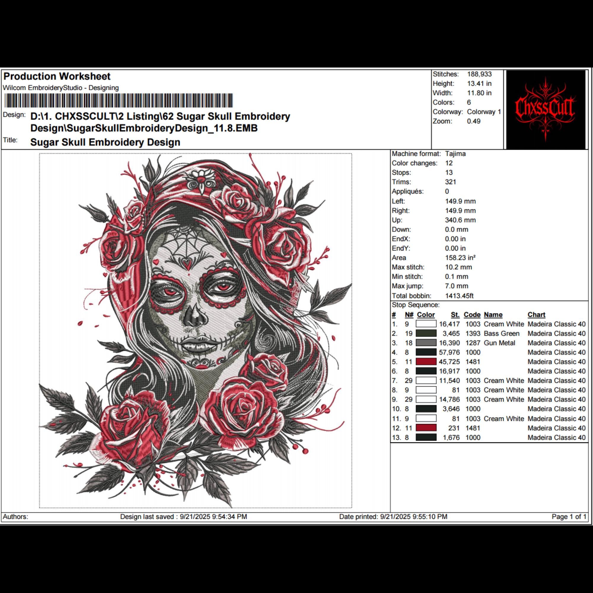 Sugar Skull Embroidery Design – Gothic Dark Art, Instant Download PES ...