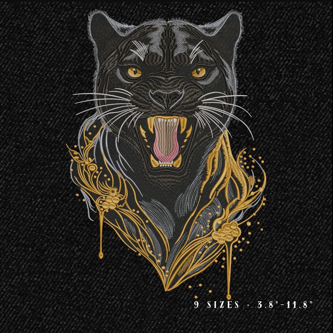 Black Panther Embroidery Design | Fierce Gold Luxury Art | Jacket Back ...