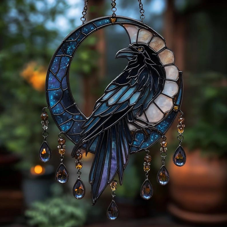 Crescent Moon Raven Suncatcher: Gothic Faux Stained Glass Window ...