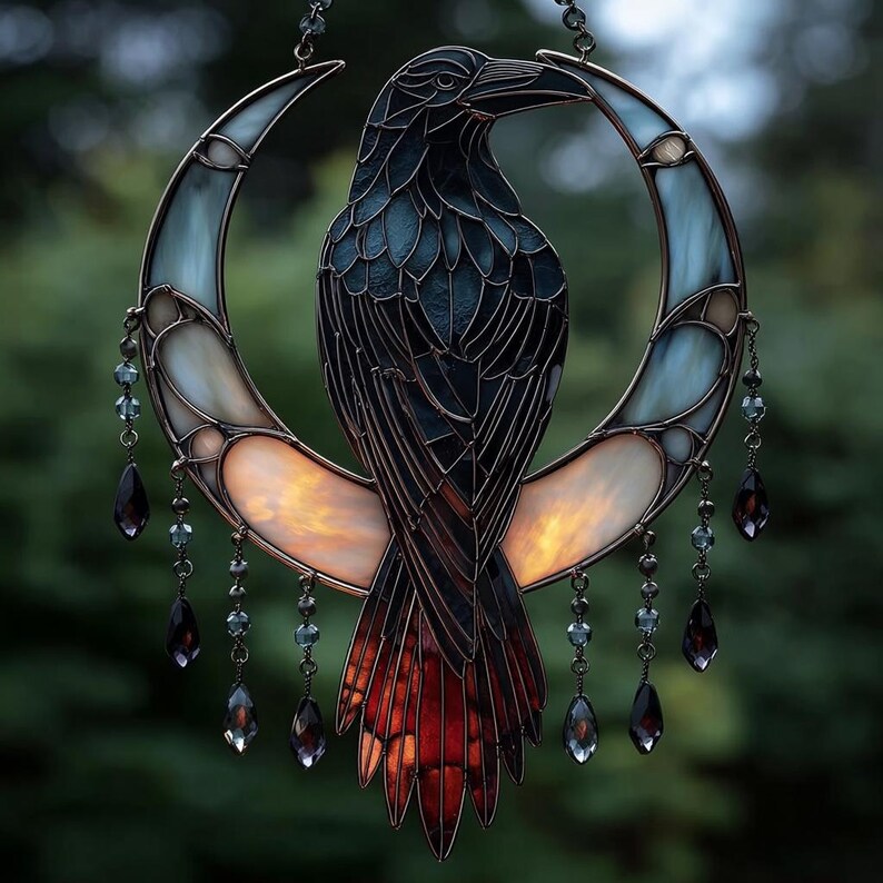 Crescent Moon Raven Suncatcher: Gothic Faux Stained Glass Window ...