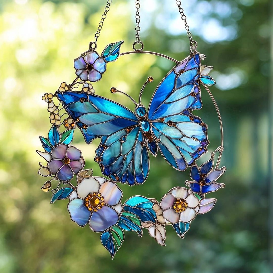 Blue Butterfly Floral Stained Glass Suncatcher, Handmade Acrylic Window ...