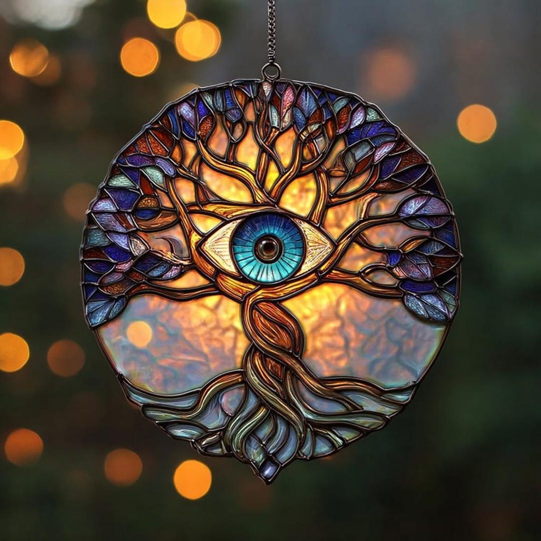 Tree of Life Suncatcher: Boho Evil Eye Faux Stained Glass Window ...