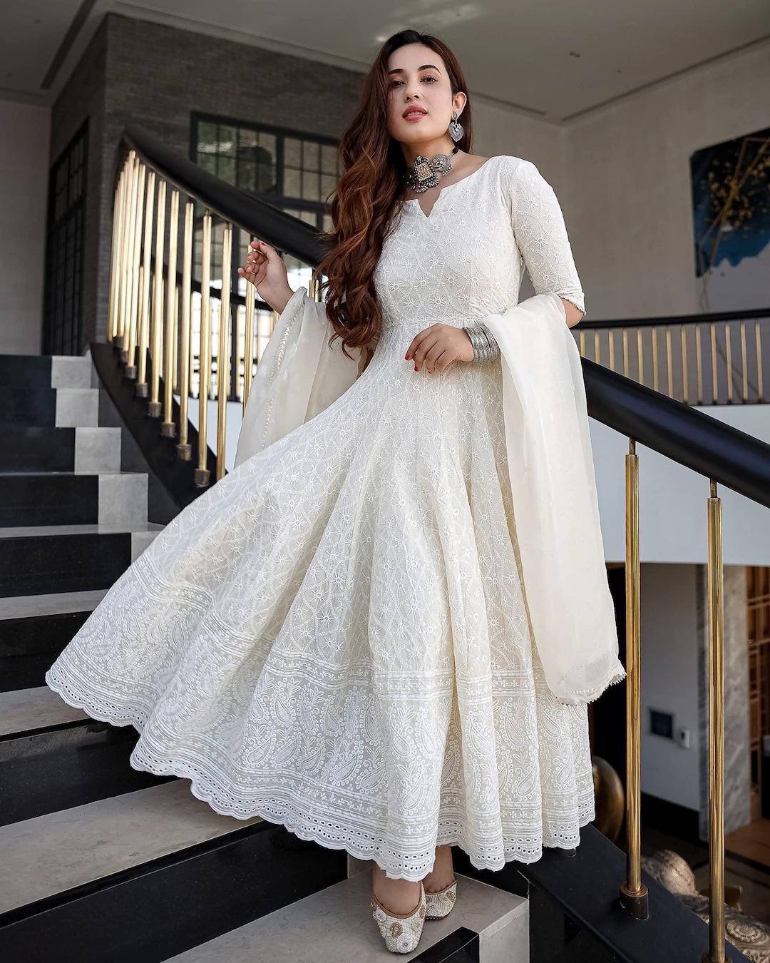 Off White Chikankari Gown, Embroidered Cotton Kurta Set, Indian Festive ...