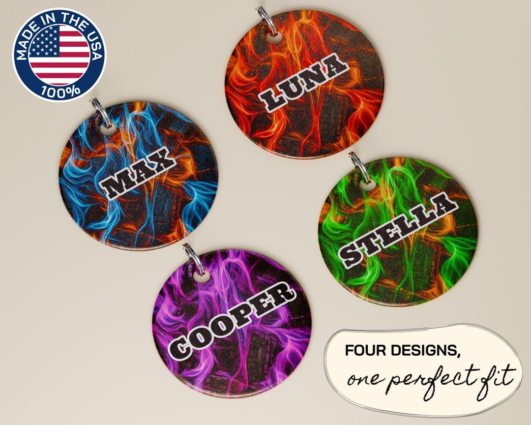 Neon Flame Personalized Dog Tag, Custom Pet ID Tag, Colorful Fire ...