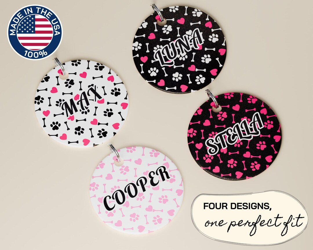 Paw Print Personalized Dog Tag, Custom Pet ID Tag With Hearts, Cute Dog ...