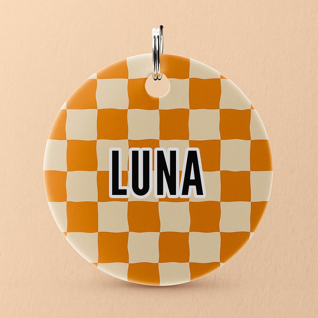 Orange Checkerboard Dog ID Tag: Retro Personalized Pet Name Tag - Etsy