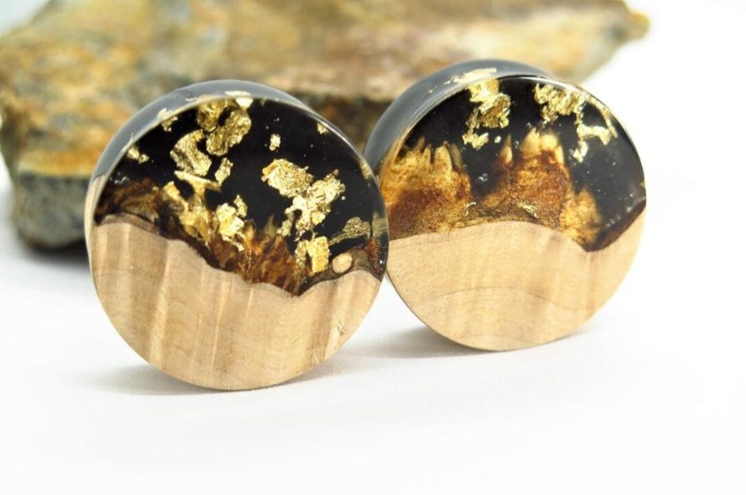 Gold Leaf Plugs With Wood Resin Ear Gauges , Ear Plugs - Etsy