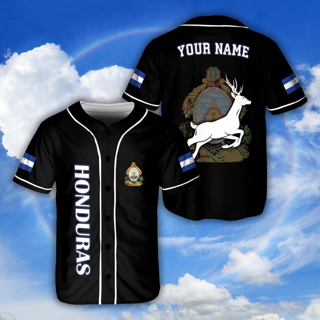 Honduras Baseball Jersey – Black Button-up, Deer Back Graphic, Coat of ...