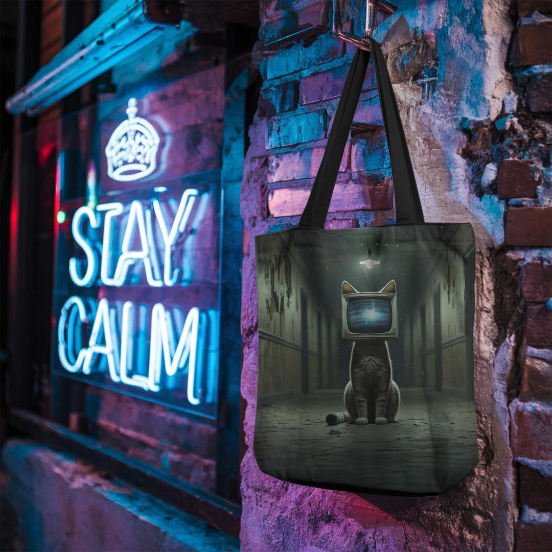 Weirdcore Tote Bag: TV Head Cat, Surrealist Shoulder Bag - Etsy