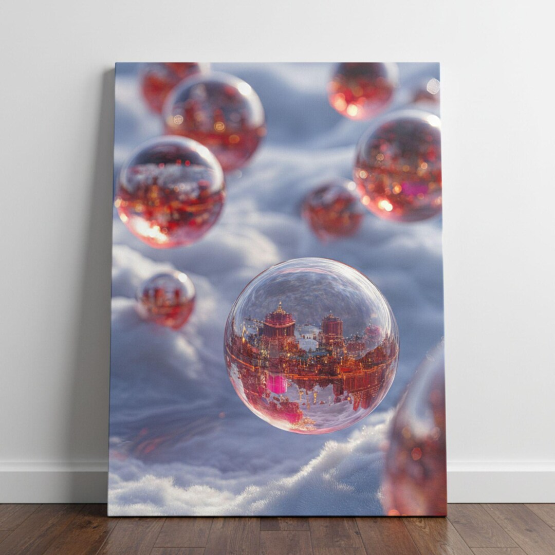 Dreamcore Floating City in Crystal Orbs Canvas | Surreal Snow Fantasy ...