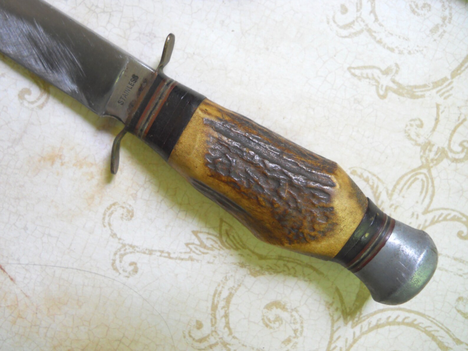 UNSCO Fixed Blade Stag Horn Handle Knife With COMPASS & Leather Sheath ...