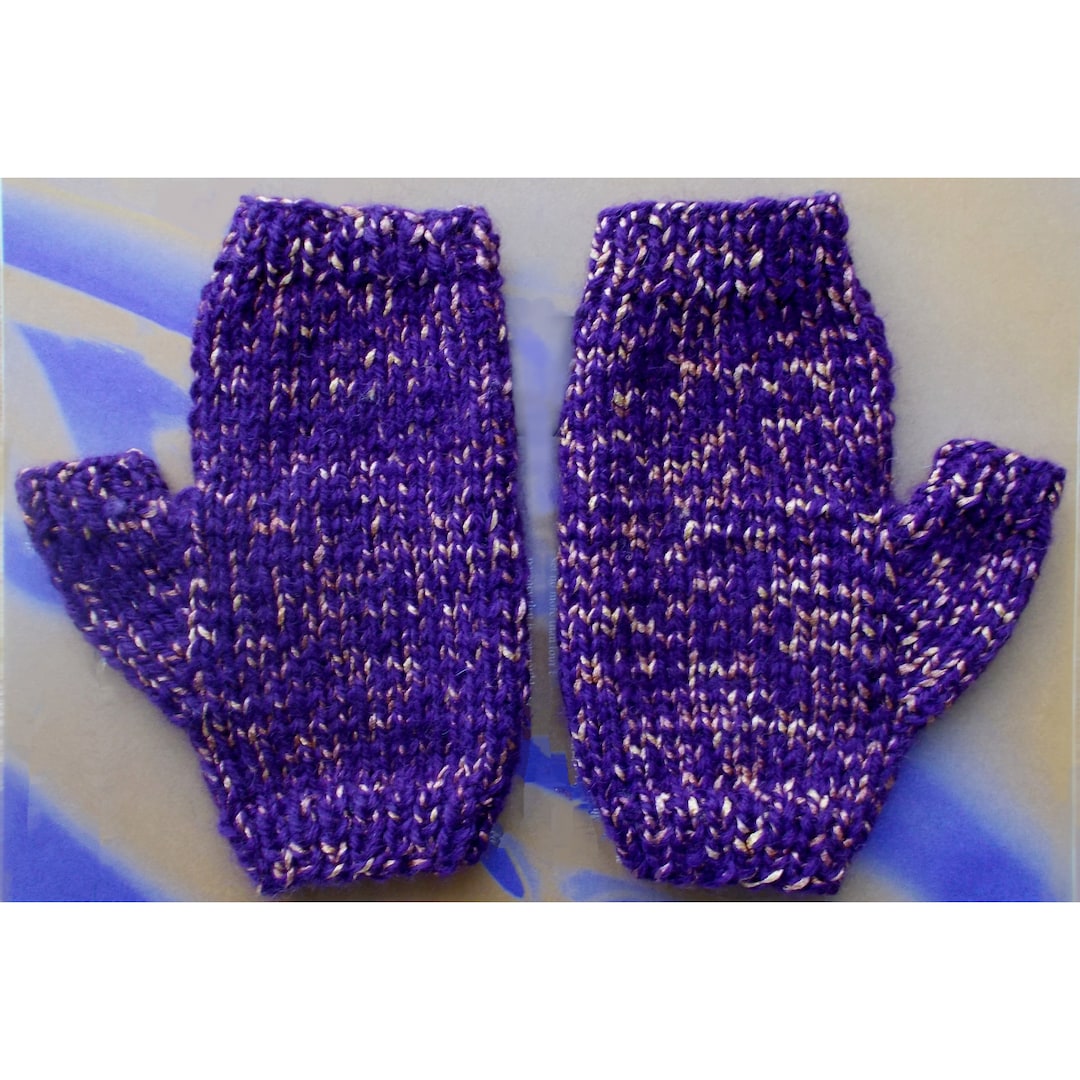 Hand Knit Fingerless Gloves • ISSAC MIZRAHI Yarn • Royal Purple & Gold ...