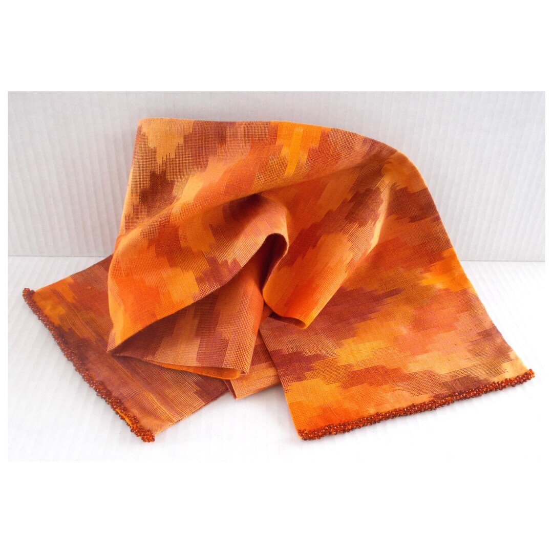 Tangerine & Burgundy Fabric Scarf With Hand Beaded Detail — 45" Long X ...