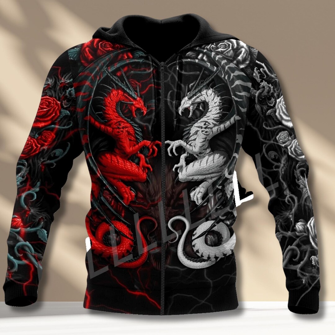 Rood-witte drakenhoodie met rits | Gothic Roses 3D-print uniseks ...