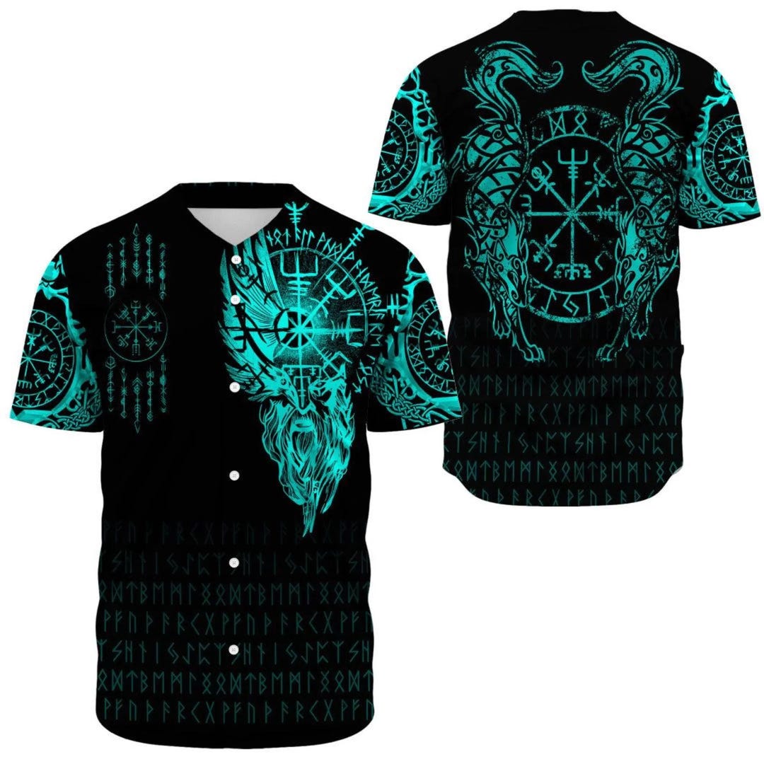 Viking Rune Bowling Shirt Button Up, Teal Black Norse Helm Graphic ...