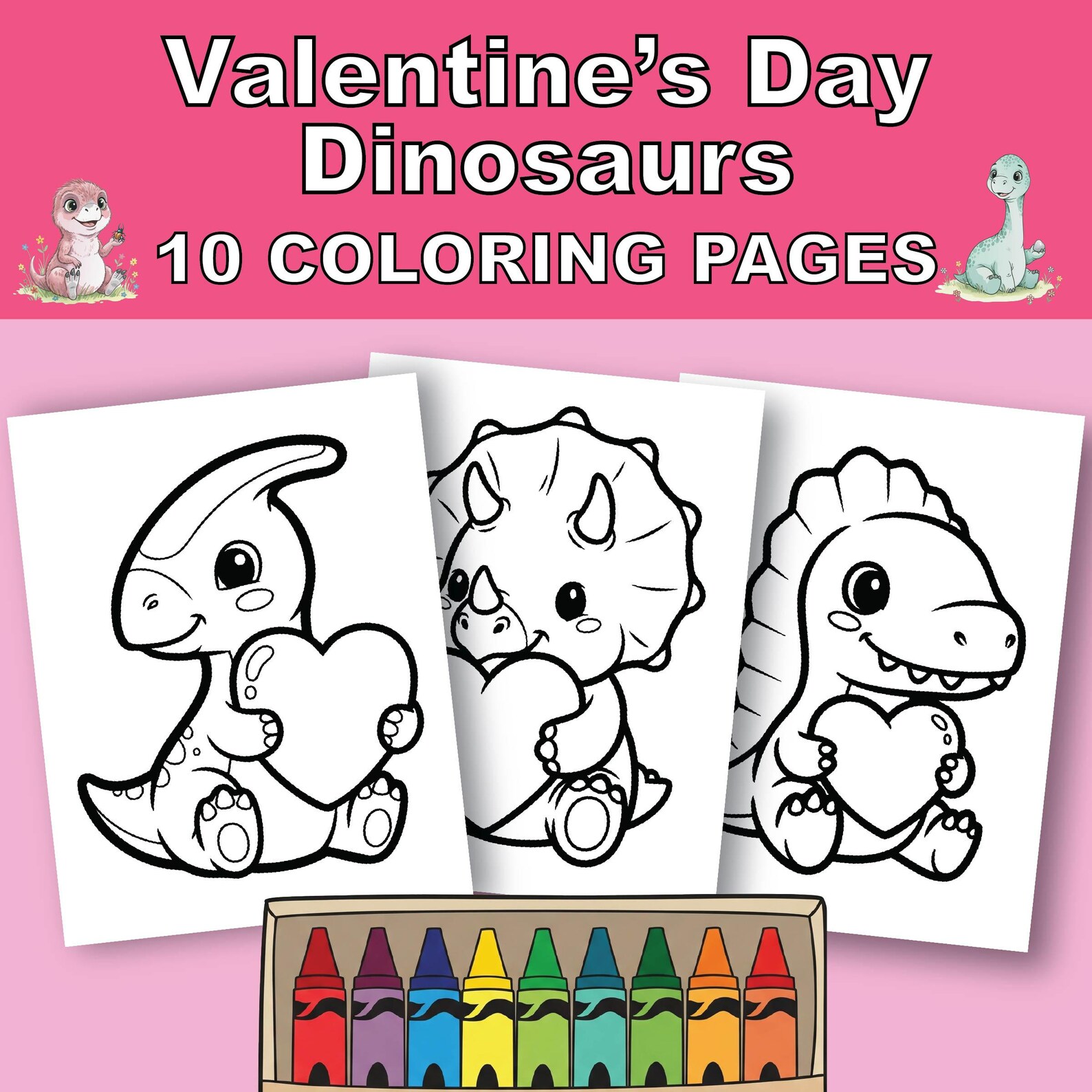 10 Valentine Dinosaur Coloring Pages for Kids (printable PDF) - Etsy