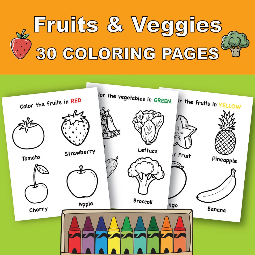 Fruits & Veggies Coloring Pages: Learn Colors, Homeschool Printable ...