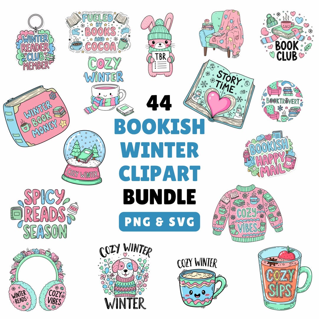 Bookish Clipart Bundle SVG PNG: Retro Fall Winter Sublimation Designs ...